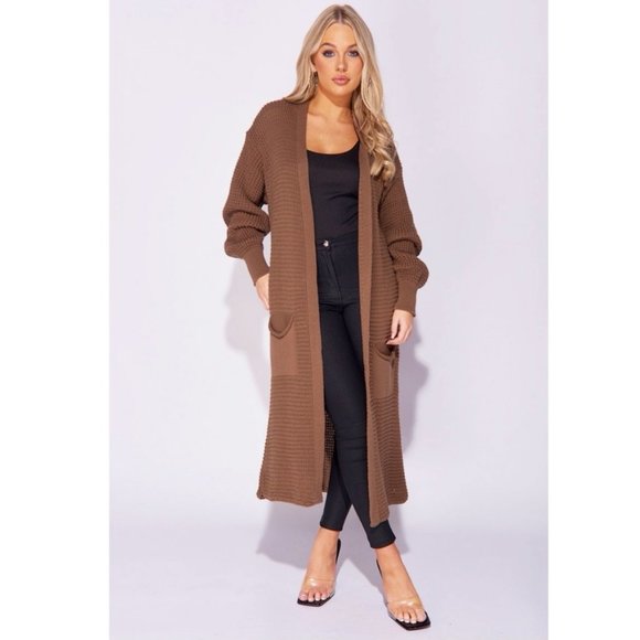Sweaters | Brown Knitted Long Sleeve Open Front Long Maxi Cardigan ...